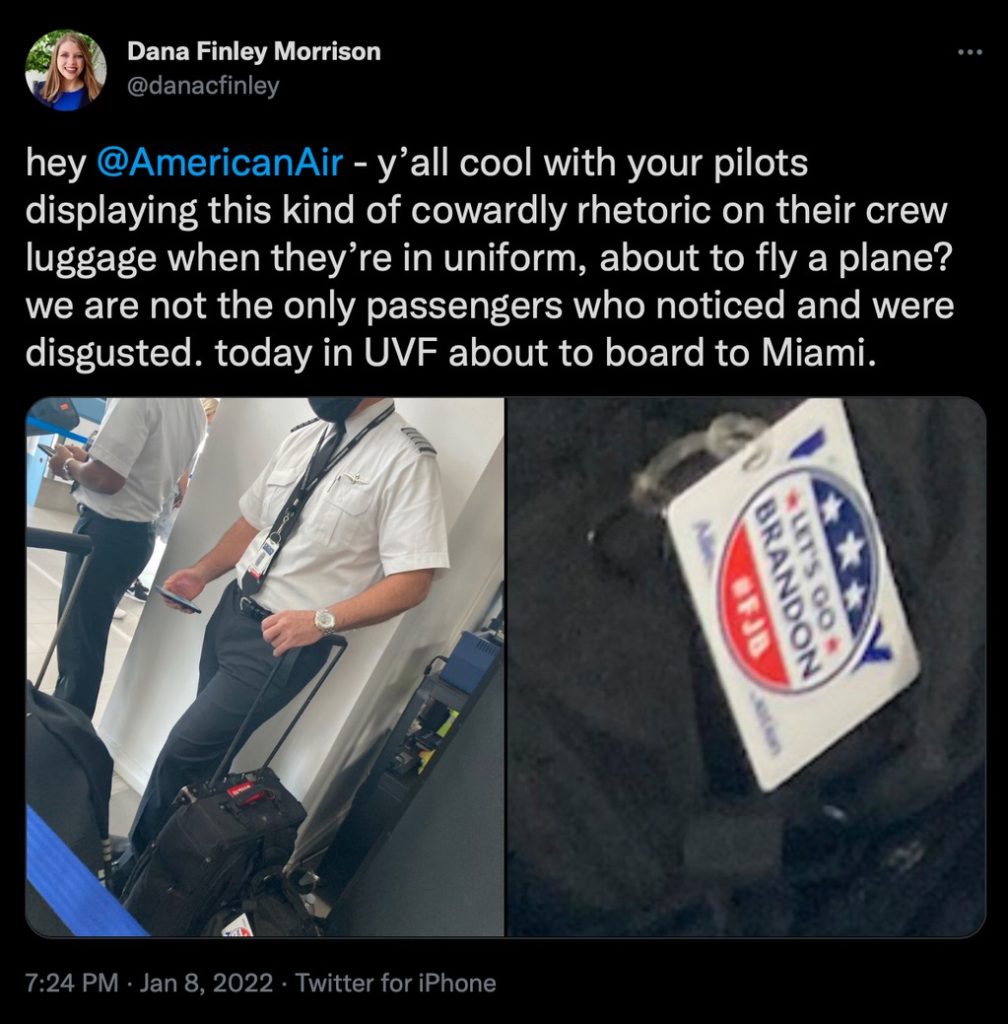 American Airlines Pilot Under Fire For "Let's Go Brandon" Luggage Tag ...