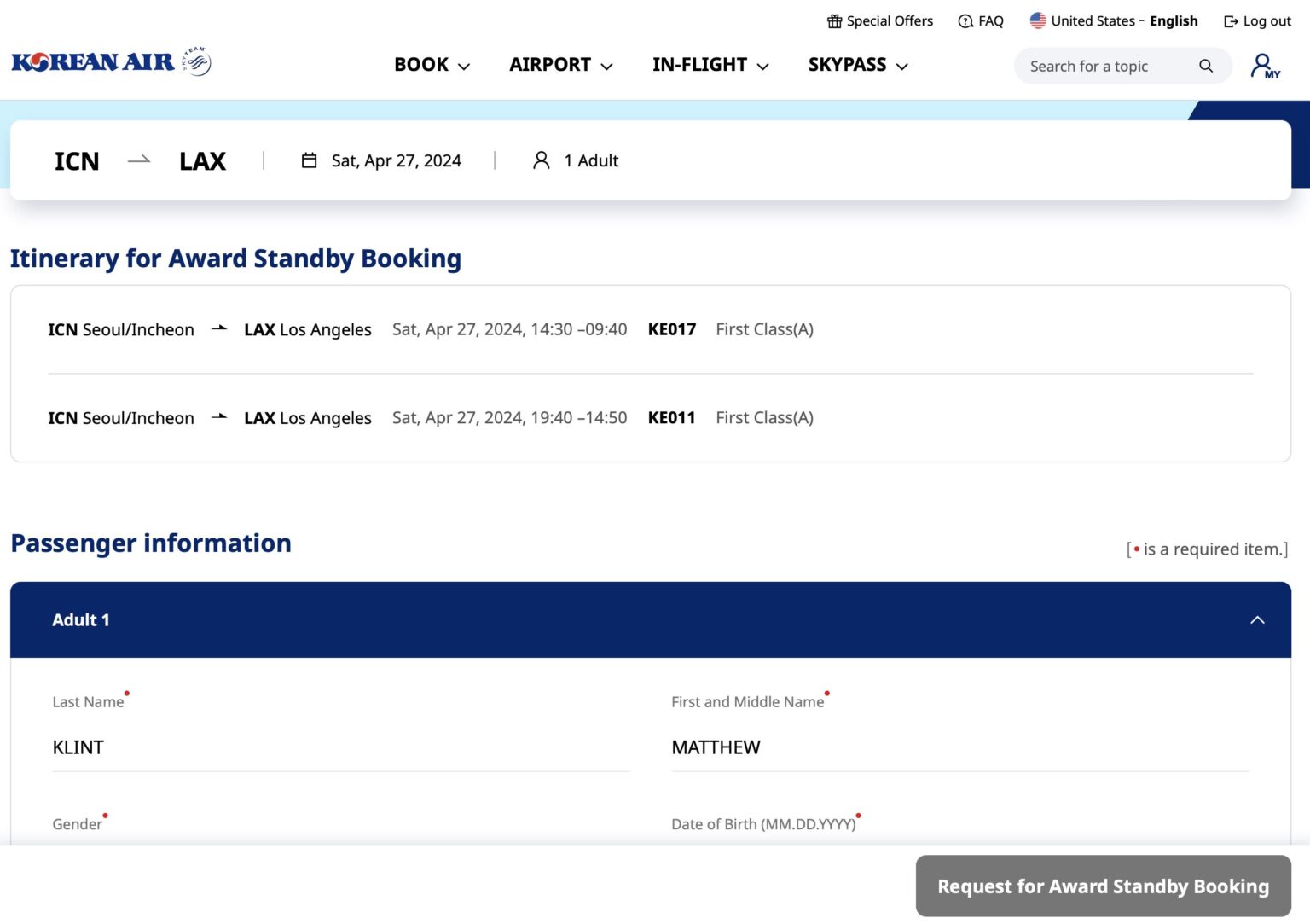 Korean Air Standby Award: Success & First Class Tips