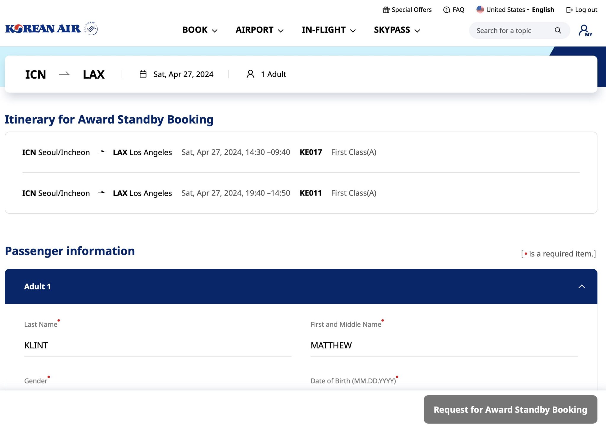 Korean Air Standby Award: Success & First Class Tips