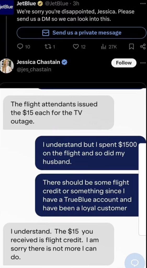 Jessica Chastain Upset At $15 Compensation On JetBlue For Broken In ...